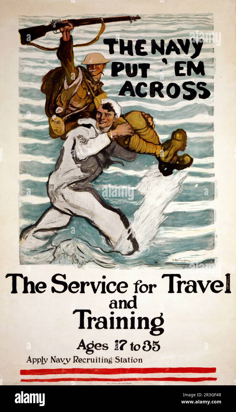 Vintage poster showing a sailor wading as he carries a soldier on his ...