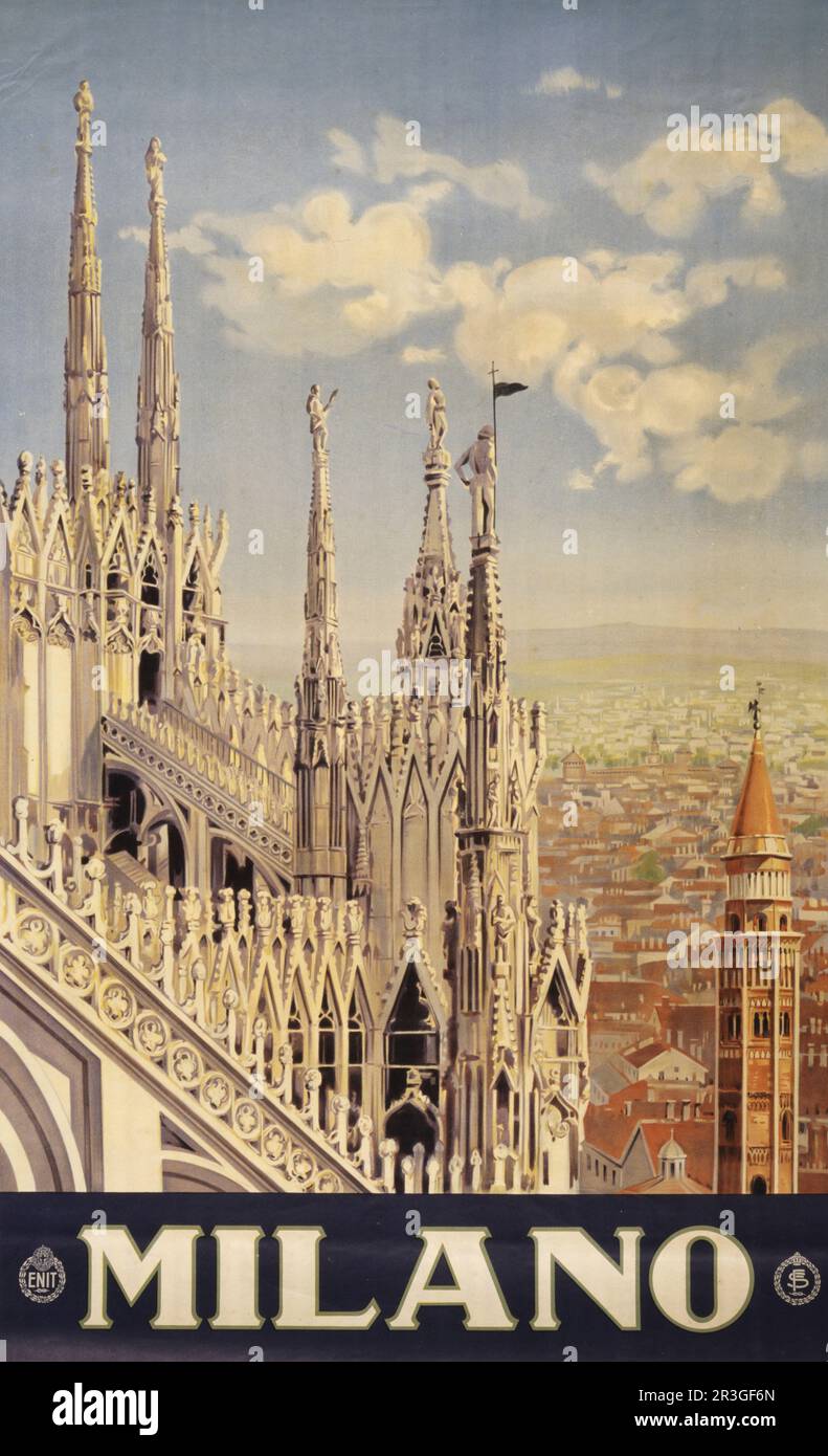 Vintage travel poster showing the roof and spires of a cathedral in ...
