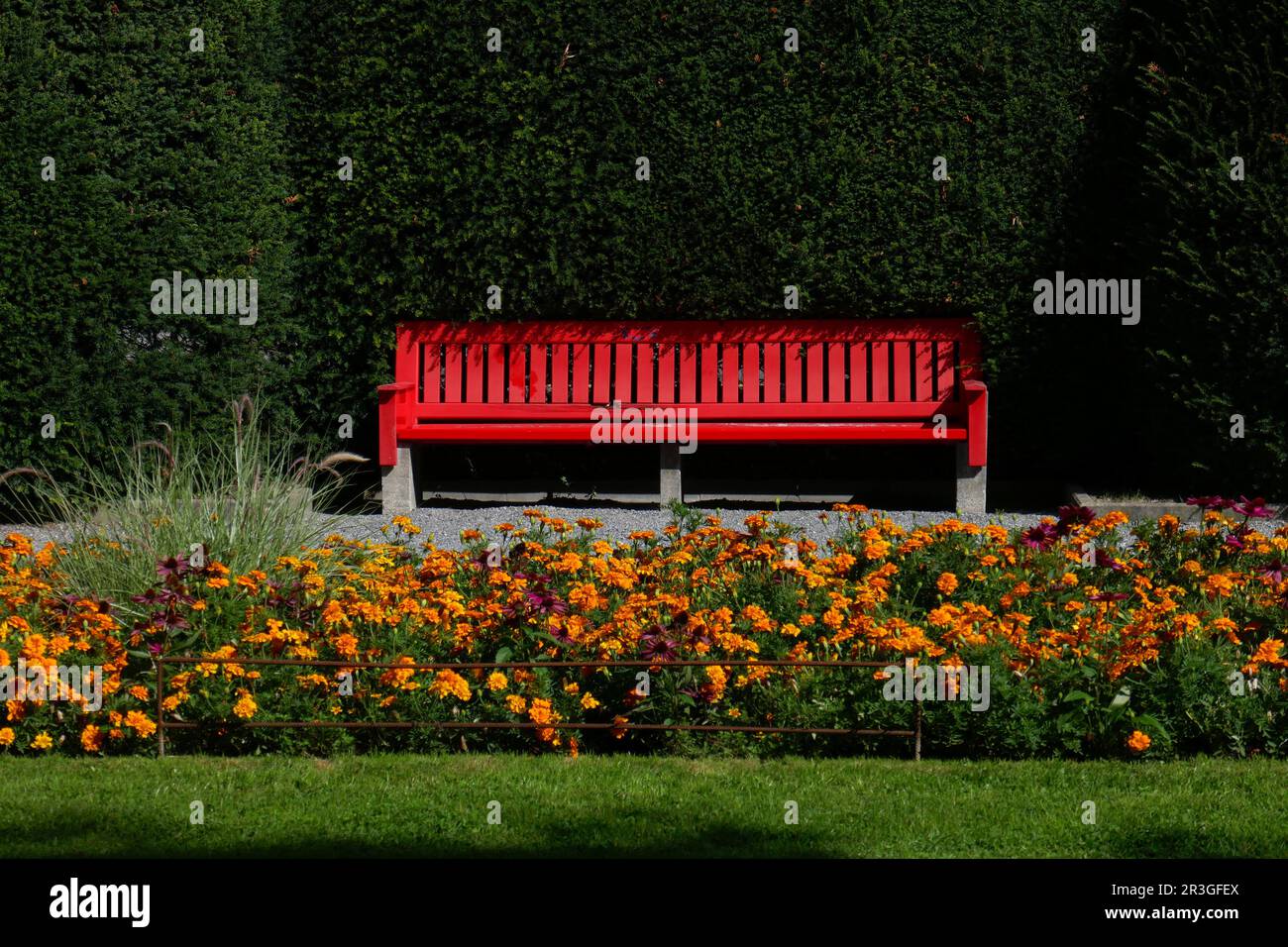 Red wooden bench in Lucerne Stock Photo - Alamy