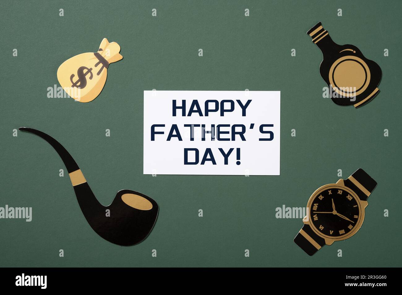 money bag and wine and watch and tobacco pipe with a card of HAPPY ...