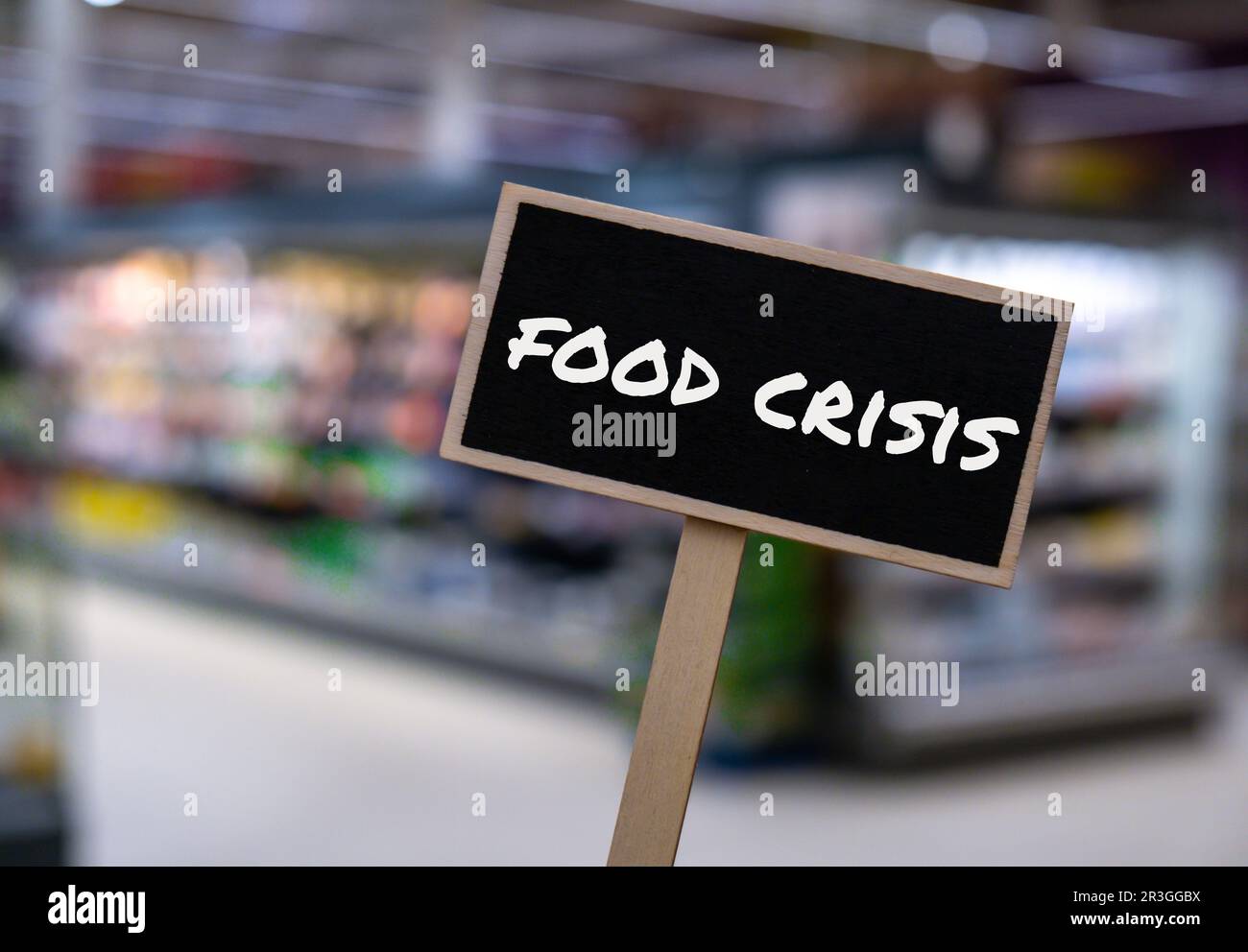 Wooden information label sign with text FOOD CRISIS against defocused ...