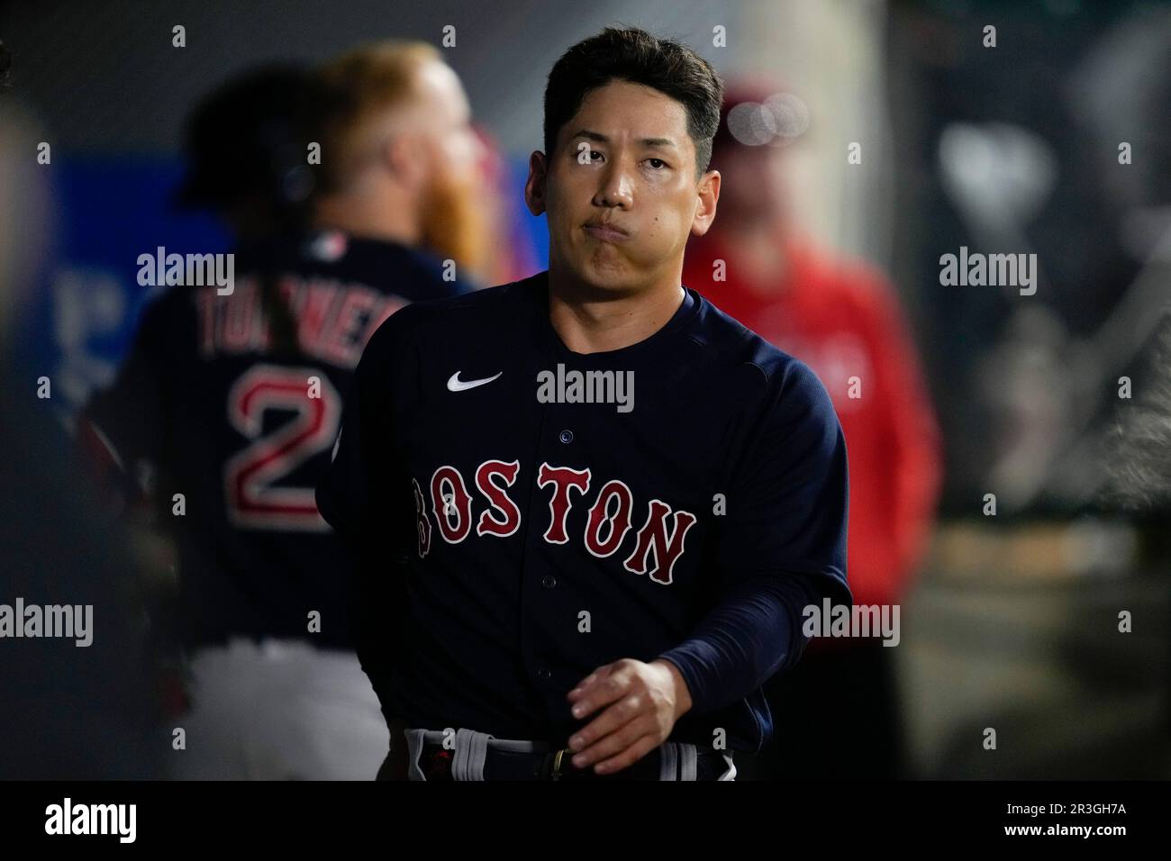 Boston Red Sox's Masataka Yoshida (7) reacts in the dugout after flying out to left field during ...