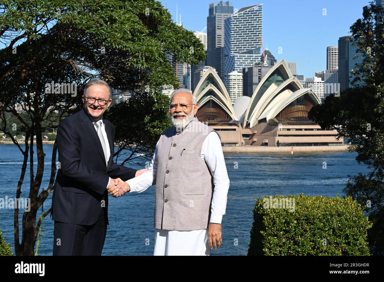 India’s Prime Minister Narendra Modi (right) with Australian Prime Minister Anthony Albanese ...