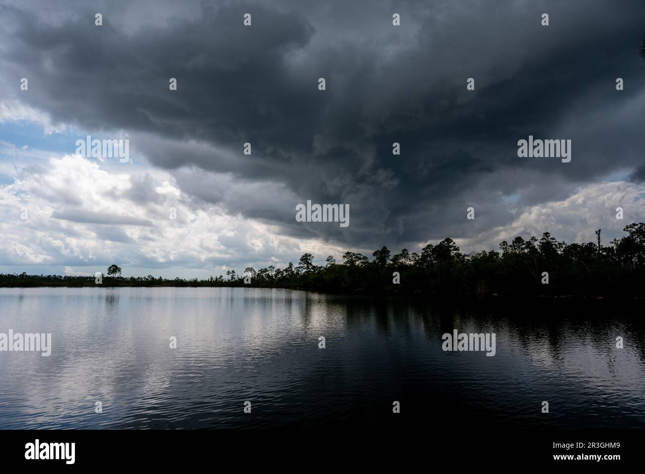 Dark storm clouds and rain forming over Pine Glades Lake in Everglades ...