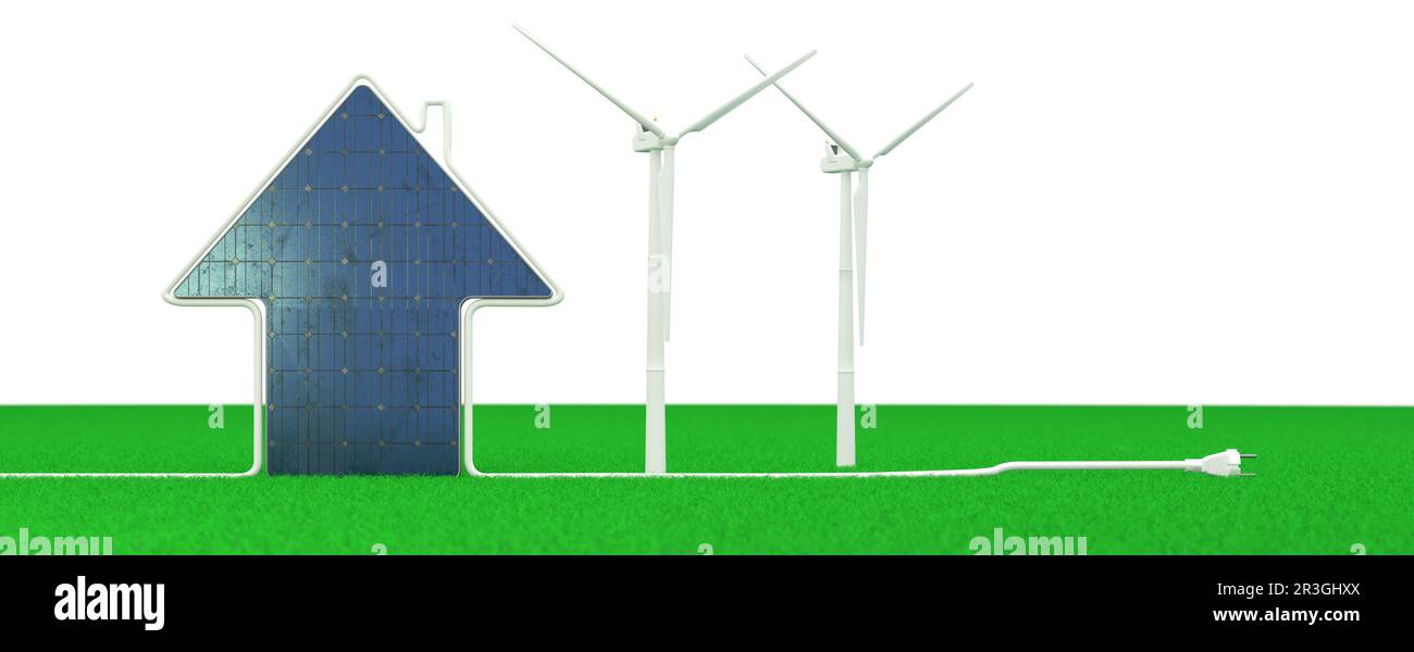 Wind power turbine and solar energy in open landscape - 3D Illustration ...