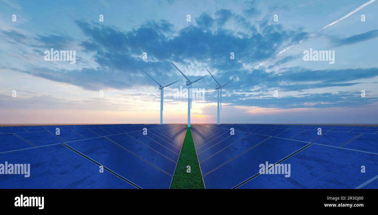 Wind Power Turbine And Solar Energy In Open Landscape 3d Illustration