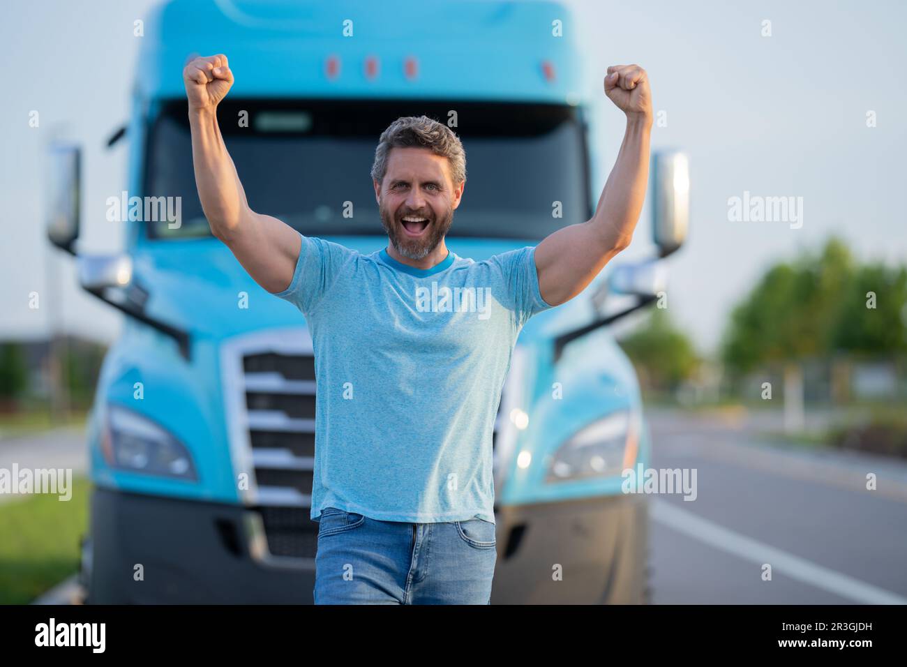 Men driver near lorry truck. Truck driver. Trucking owner ...