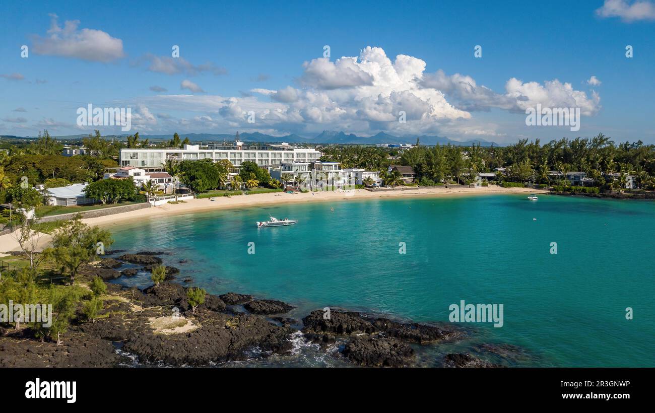 Aerial view of bird's eye view of small public beach light sandy beach ...