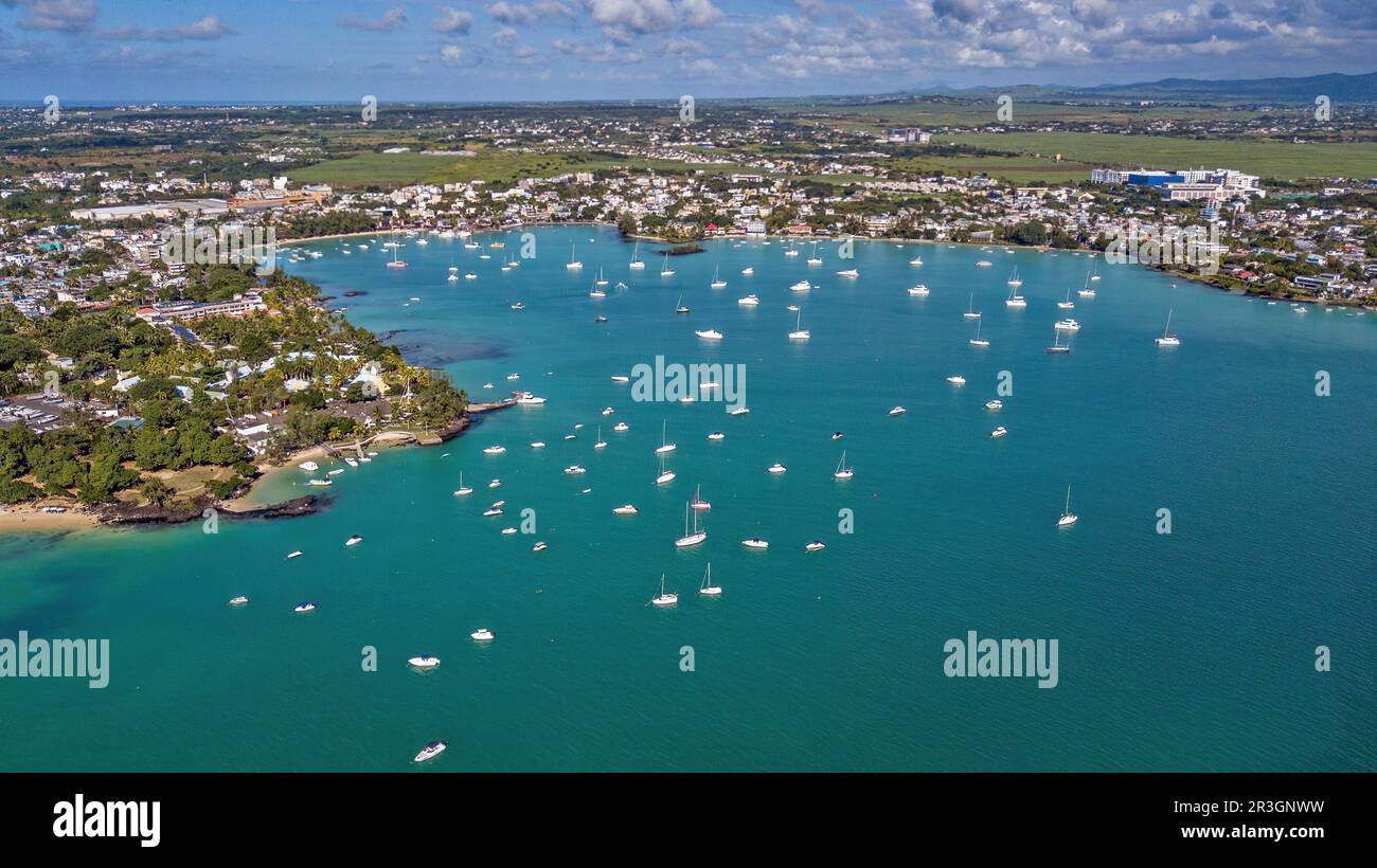 Aerial view from bird's eye view of large sea bay Grand Baie with ...