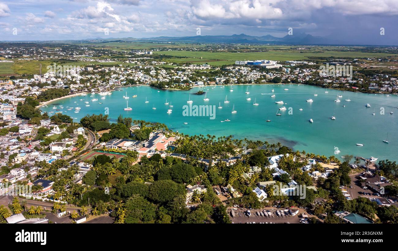 Aerial view from bird's eye view of large sea bay Grand Baie with ...