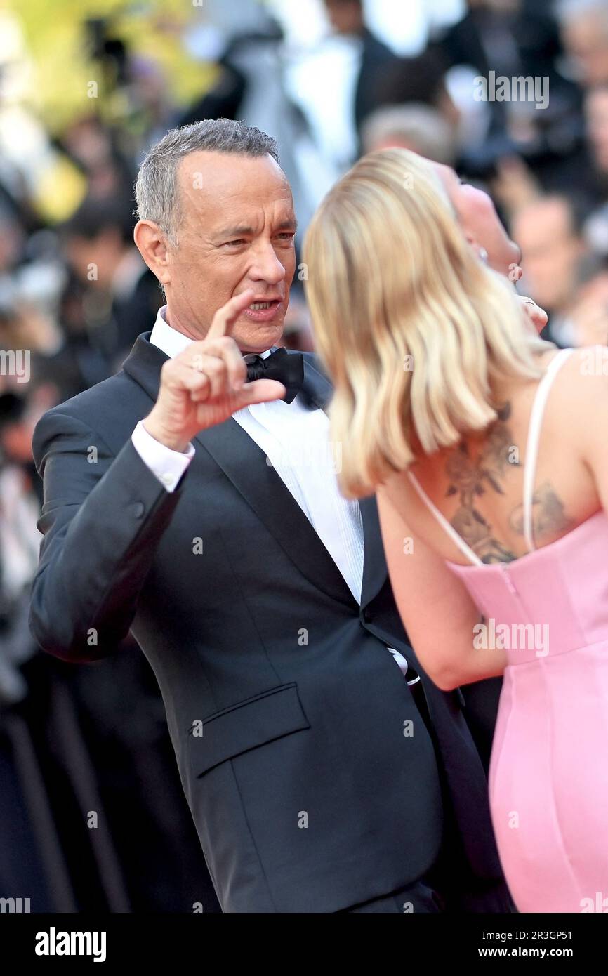 Wes Anderson, Scarlett Johansson and Tom Hanks attend the Asteroid City red carpet during the ...