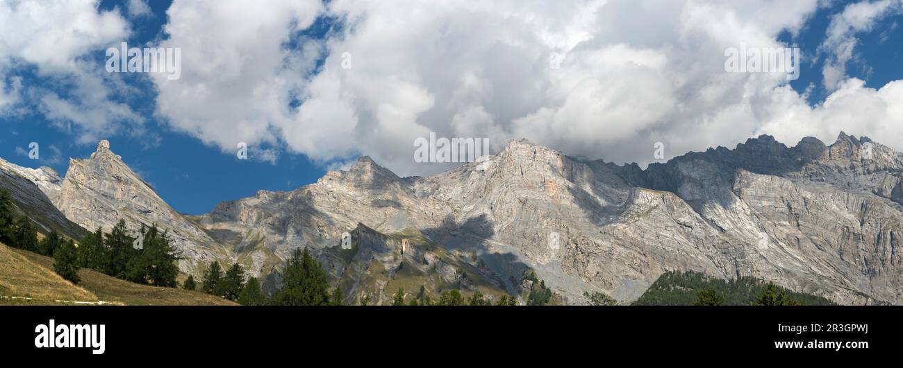 Steep southern flank of the limestone mountain range of the Haut de Cry ...