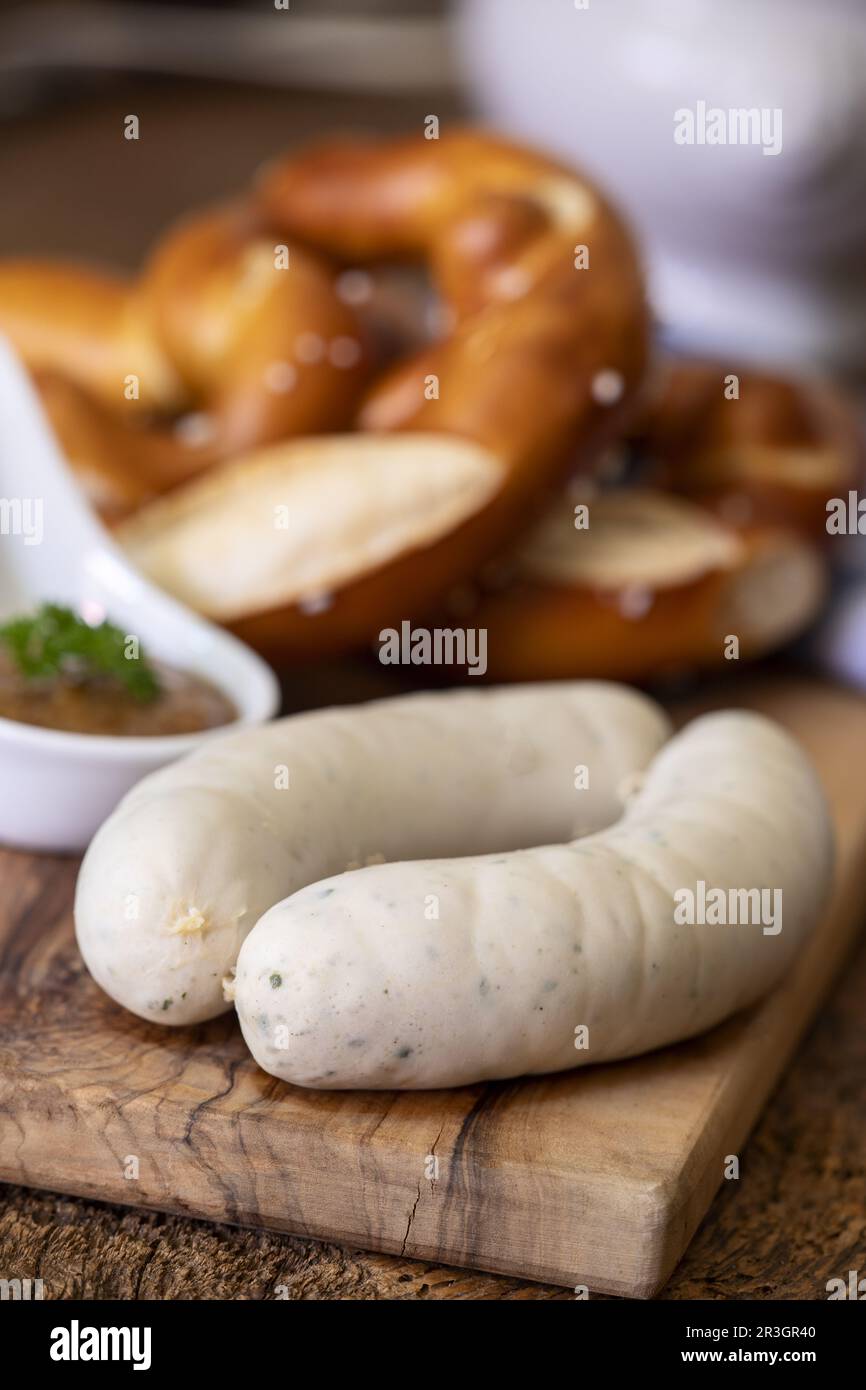 Pair of Bavarian veal sausages Stock Photo - Alamy