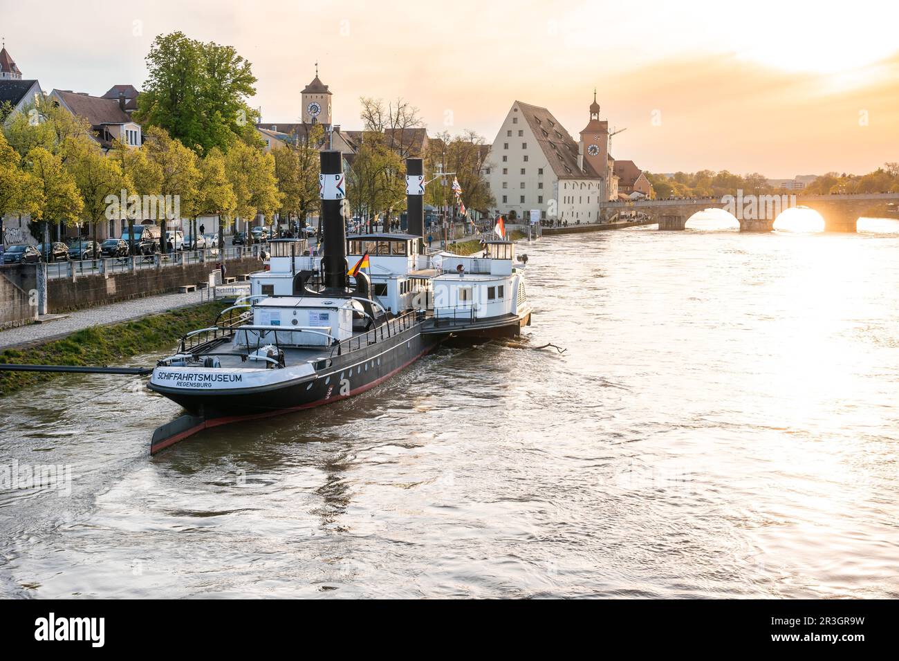 Historical Museum Ship on the Danube at sunset, Regensburg, Bavaria ...