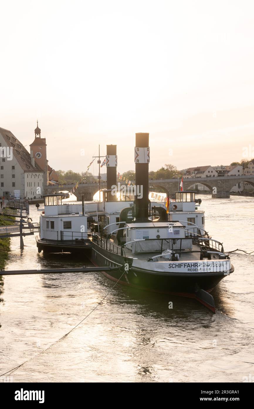 Historical Museum Ship on the Danube at sunset, Regensburg, Bavaria ...