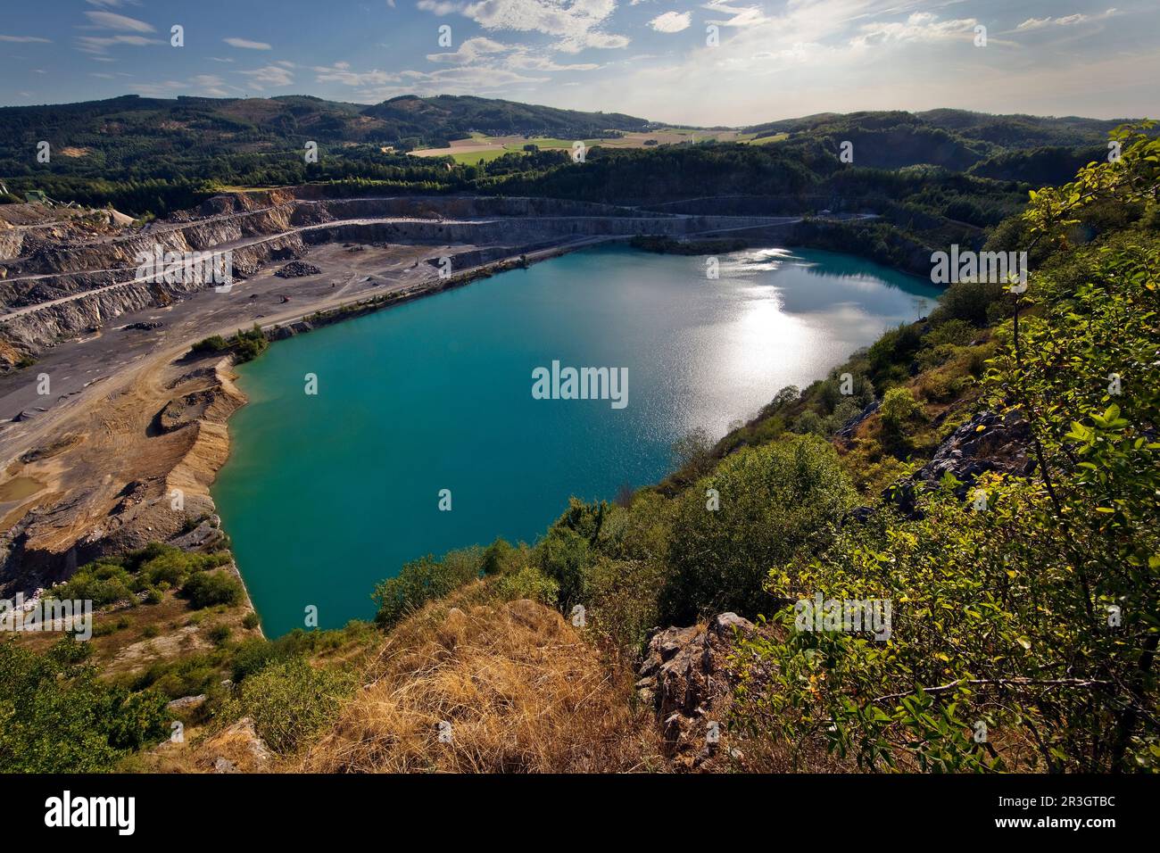 Blue Lagoon view, limestone quarry, Hoennetal, Balve, North Rhine ...