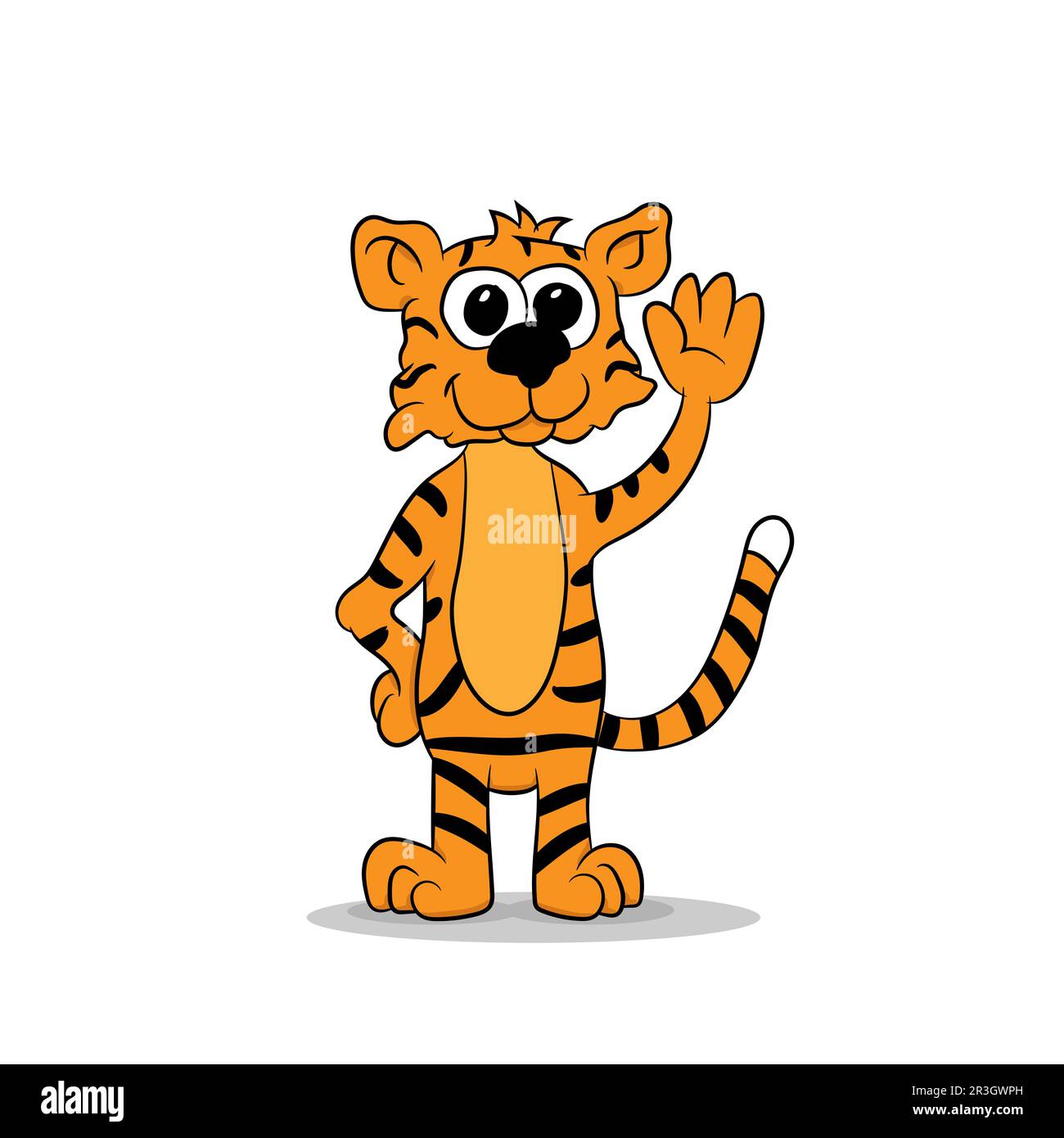 Cute cartoon tiger with a waving hand on a white background, vector ...