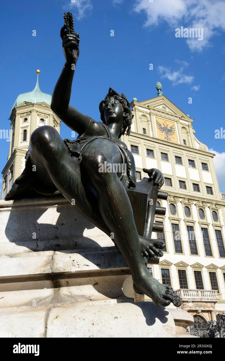 The Augustus fountain (built 1594) in Augsburg with the town hall in ...