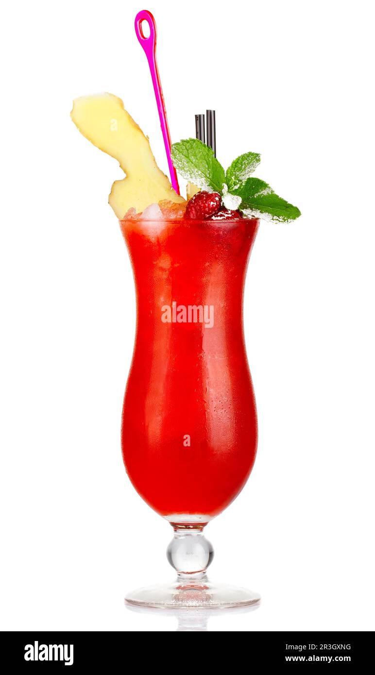 Red alcohol cocktail with raspberries, ginger and fresh mint isolated ...
