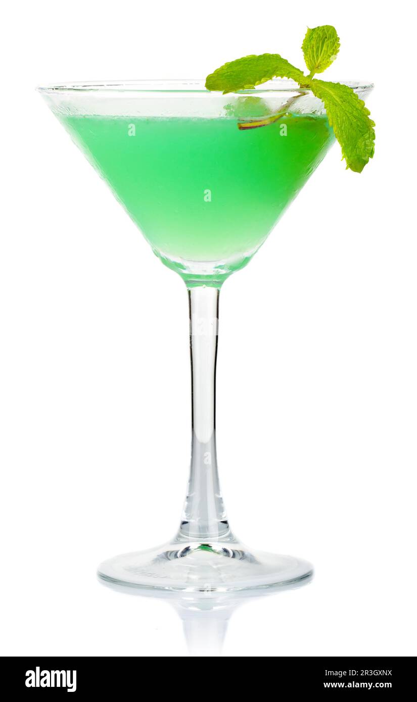 Green alcohol cocktail with fresh mint leaves isolated on white ...