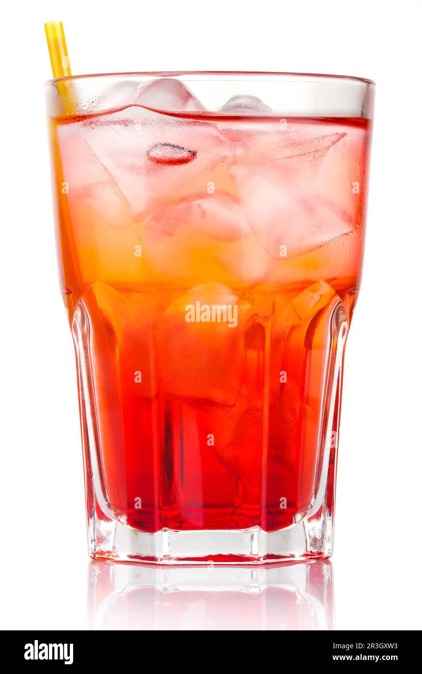 Red alcohol cocktail with ice and straw isolated on white background ...