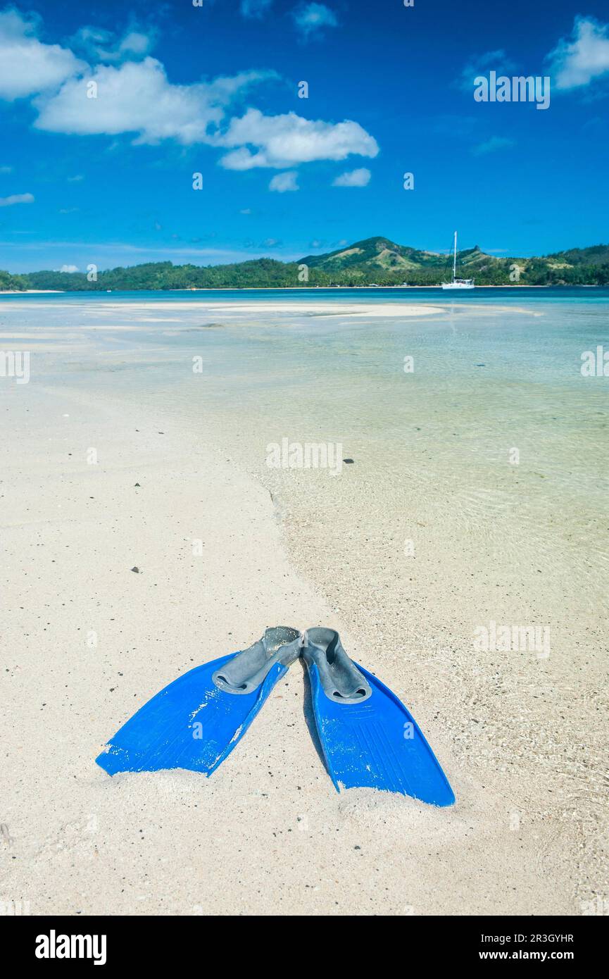 Flippers in the water of the blue lagoon, Yasawas, Fiji, South Pacific ...