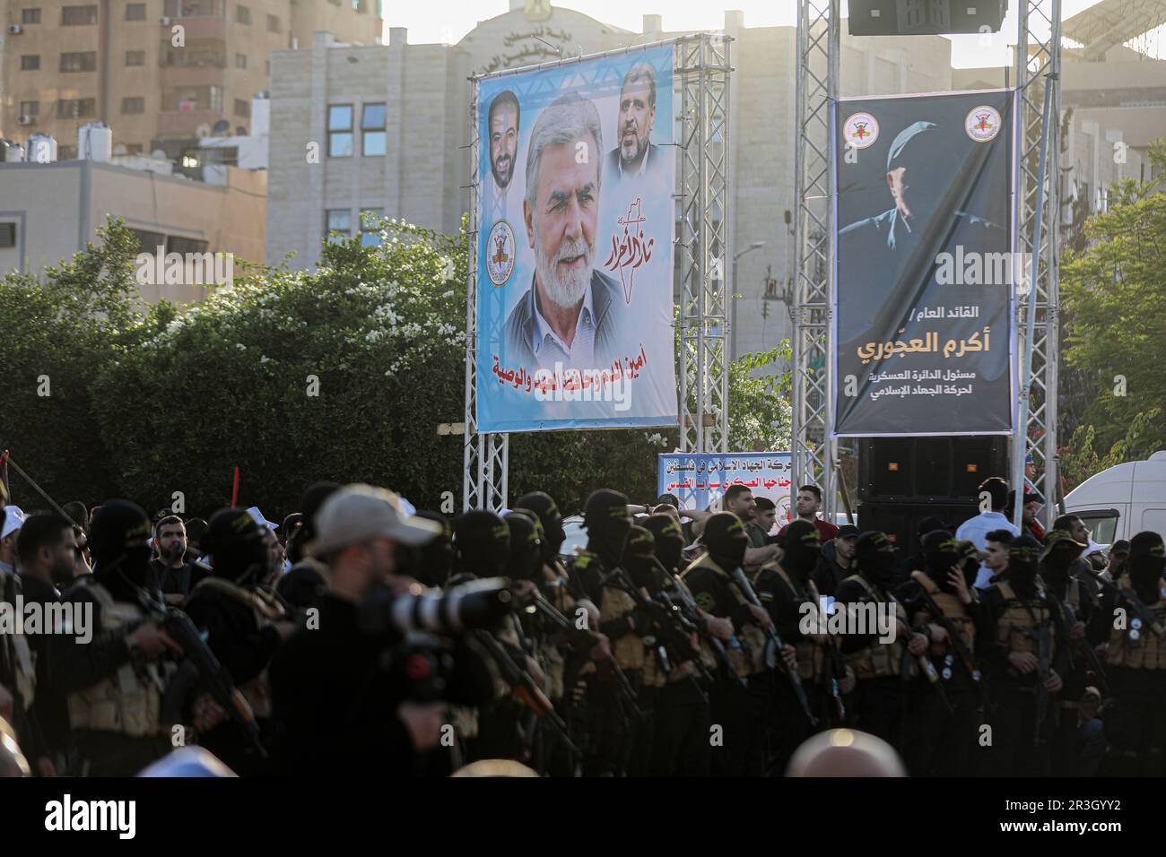 Gaza, Palestine. 19th May, 2023. In the background is a picture of ...