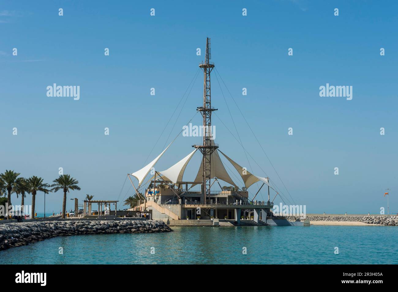Futuristic looking restaurant on the beachfront of Kuwait City, Kuwait ...
