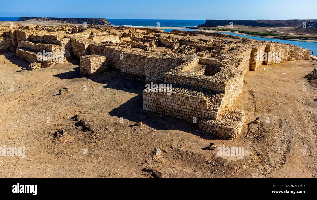 Aerial of the Unesco site the old Frankincense harbour Sumhuram, Khor ...