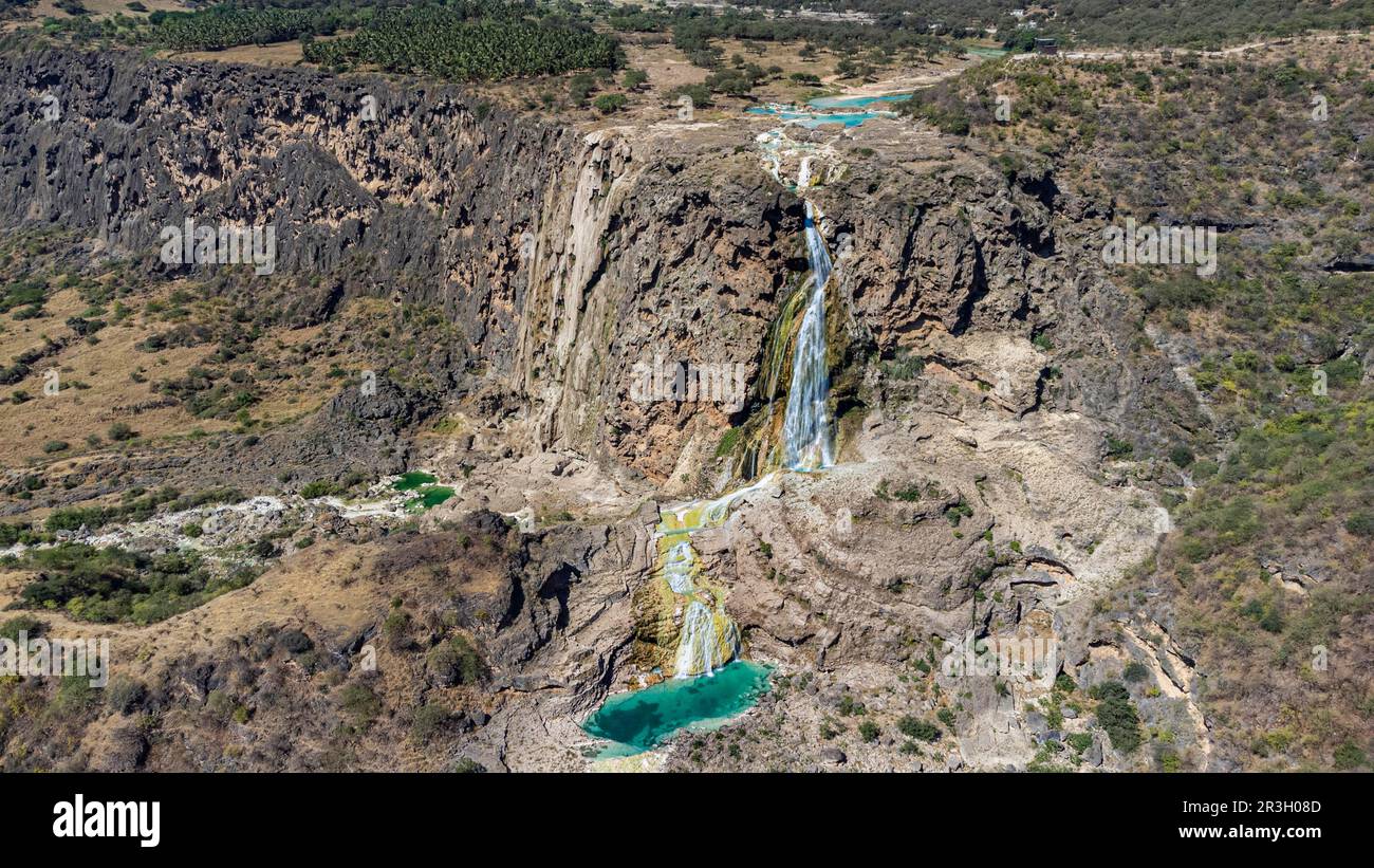 Aerial of a turquoise waterfall, Wadi Darbat, Salalah, Oman Stock Photo ...