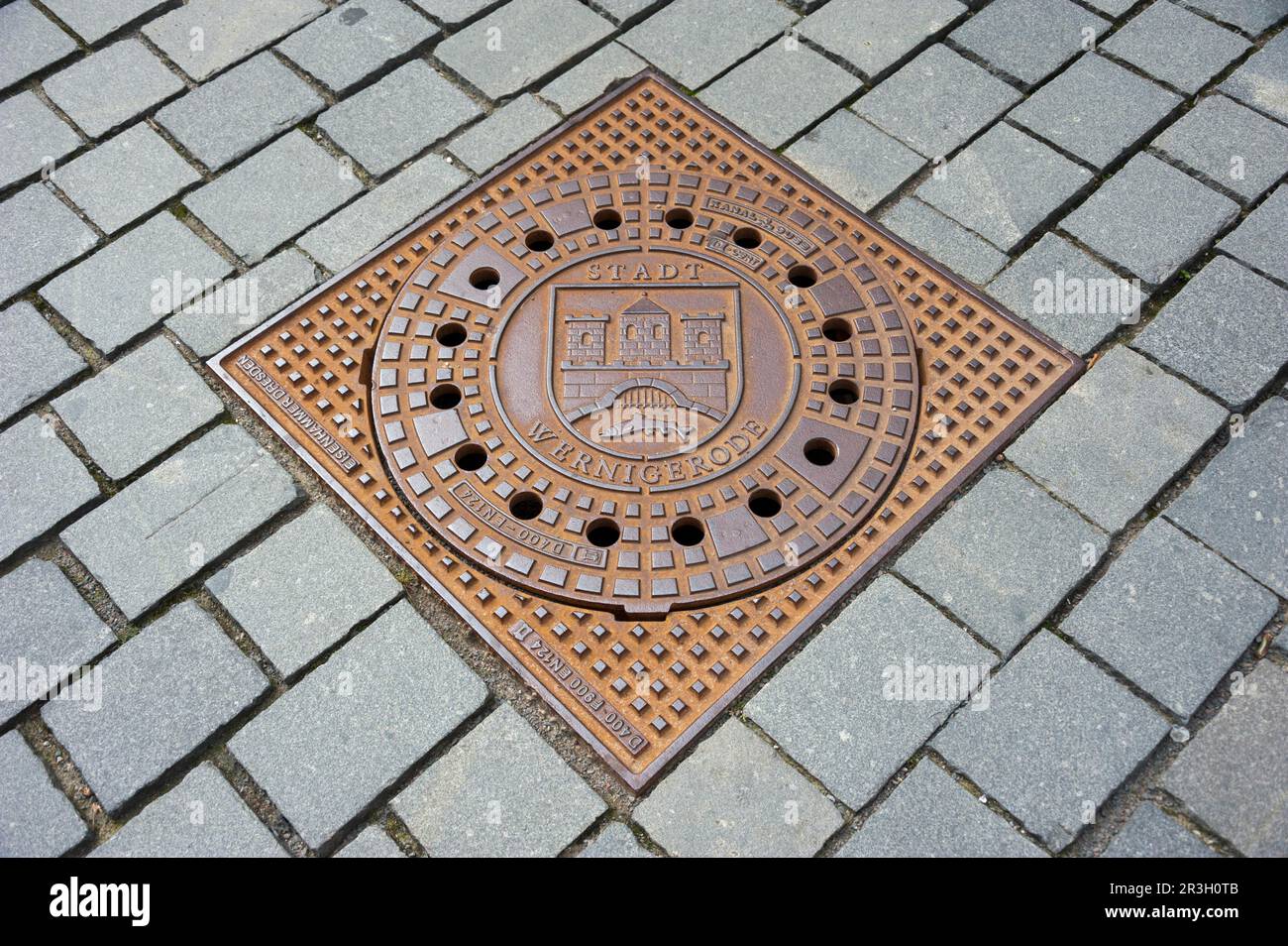 Gullideckel, manhole cover, gully, Wernigerode, Harz, Saxony-Anhalt ...