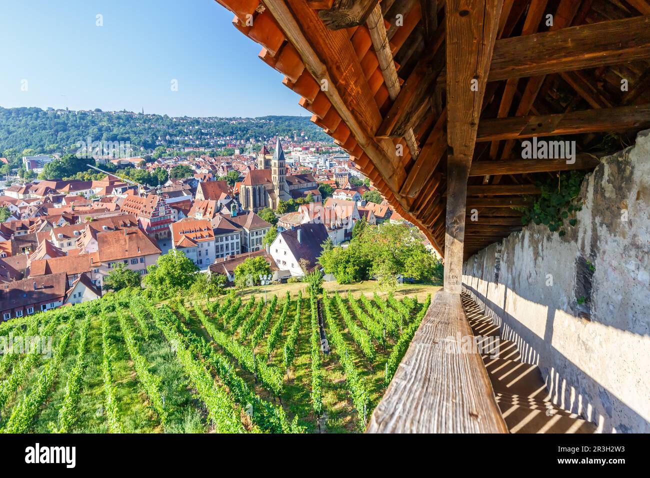 View of Esslingen town from Seilergang with historical town hall and ...