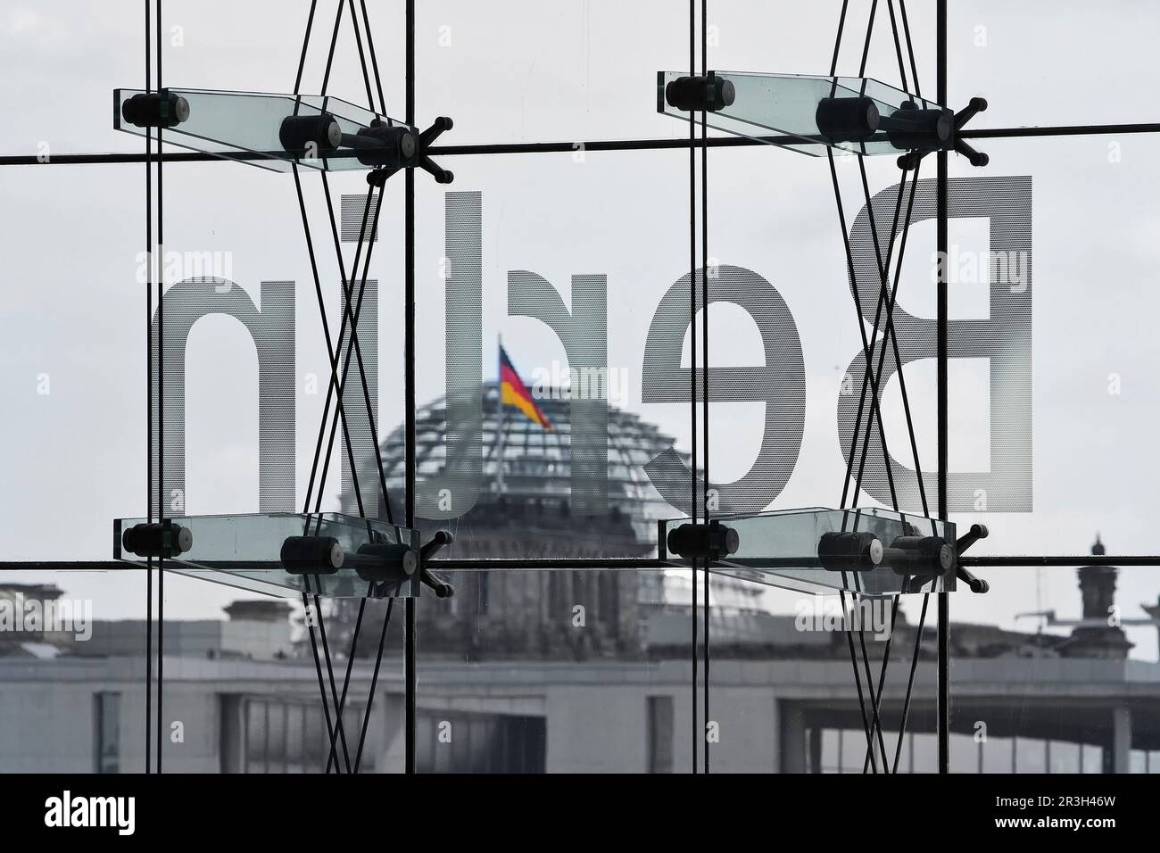 View from the main station with the writing Berlin on the glass facade ...