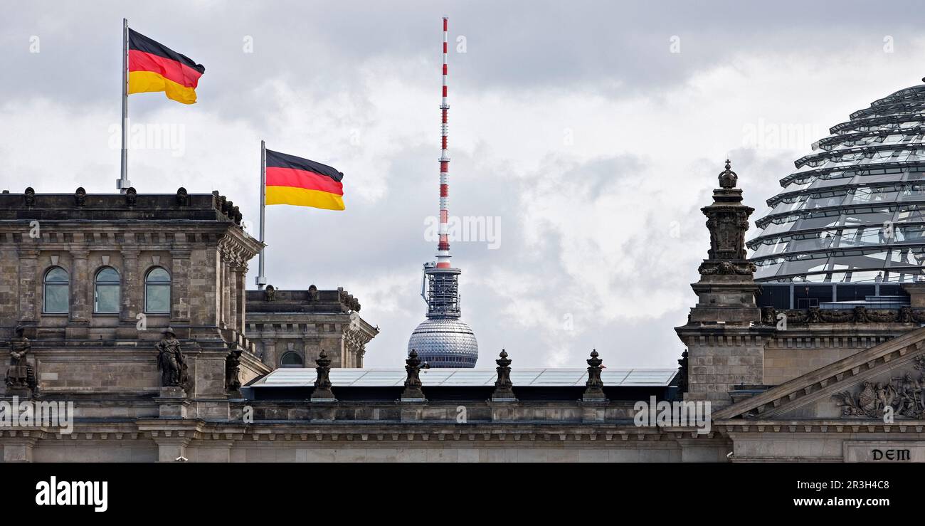 Reichstag, detail with German flag, TV tower and dome, German Bundestag ...