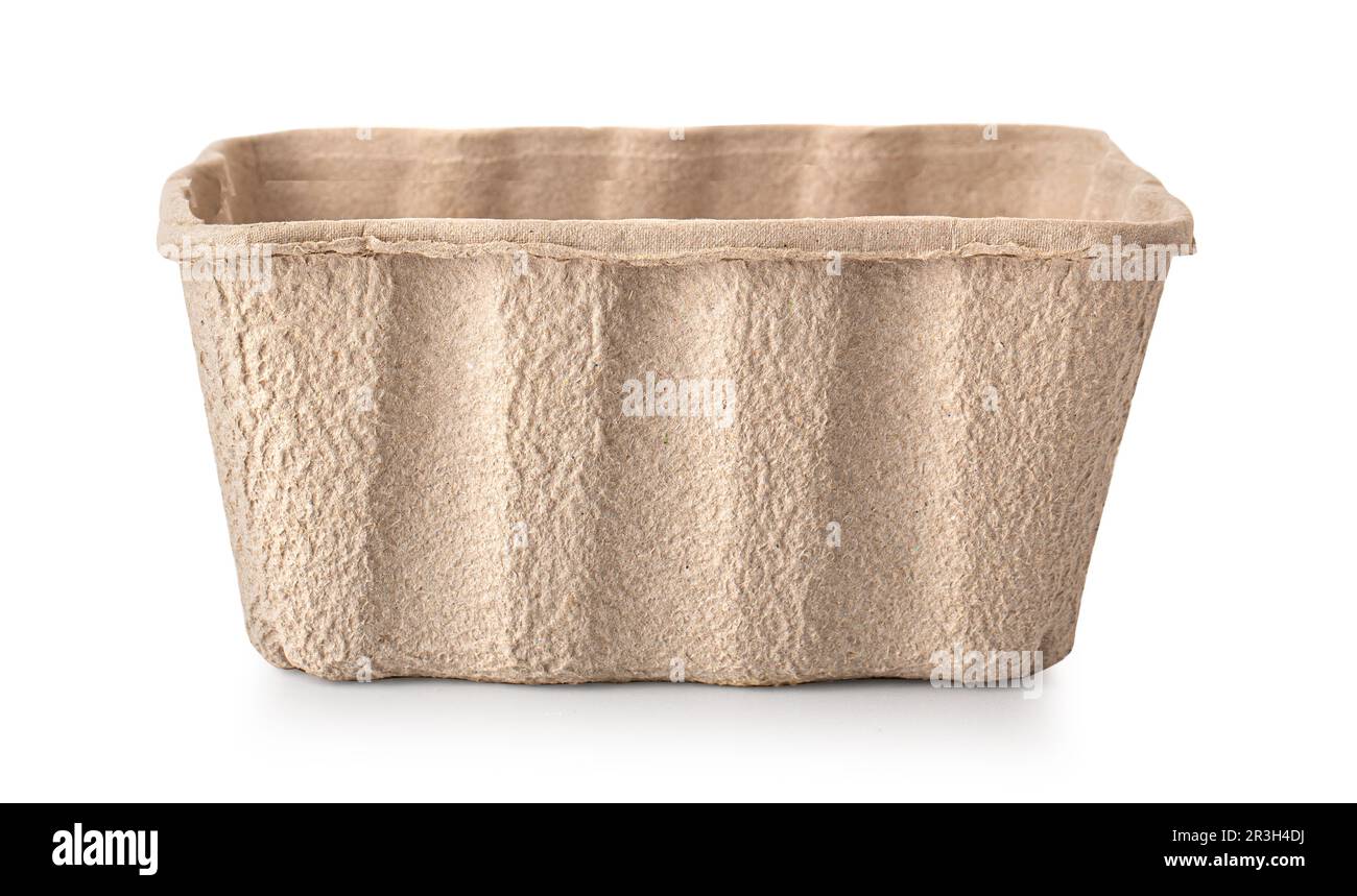 Molded recycled paper pulp protective packaging isolated on white with ...