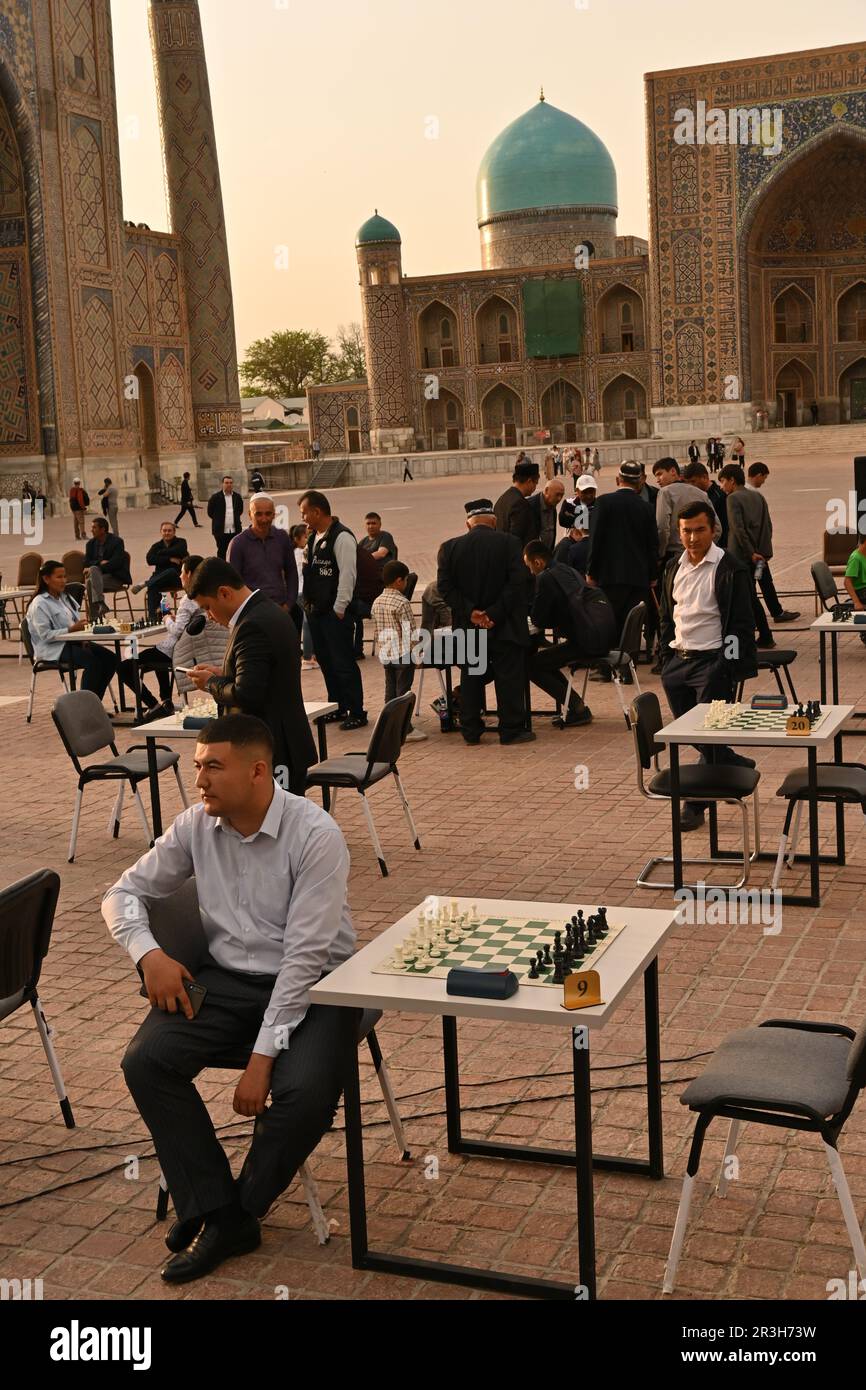 Chess players during a tournament inside Registan square in Samarkand ...