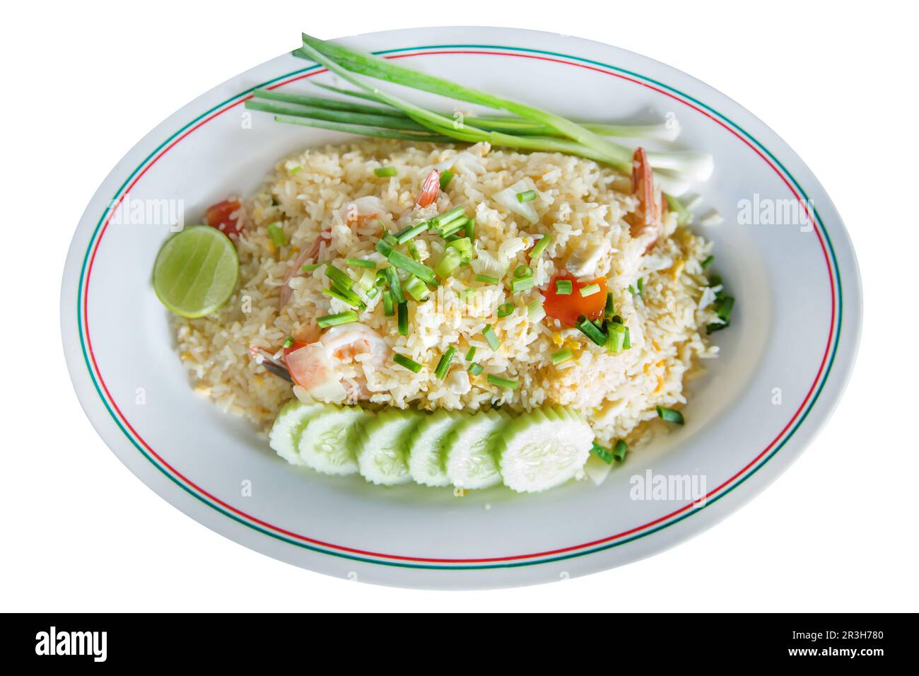 Die cut of Shrimp fried rice with assorted vegetables on white isolated ...