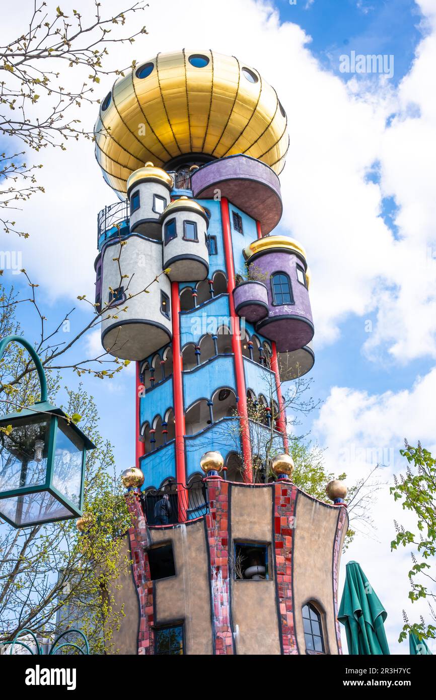 Kuchlbauer Tower by architect Friedensreich Hundertwasser in the blue ...