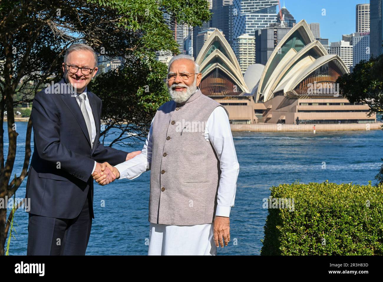 India's Prime Minister Narendra Modi, right, with Australian Prime Minister Anthony Albanese ...