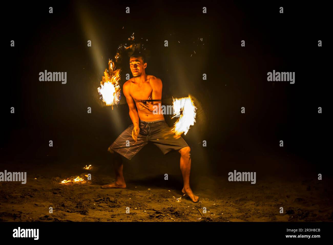 Ritual ceremony, fire dance, night shot, Viti Levu, Fiji, South Pacific ...