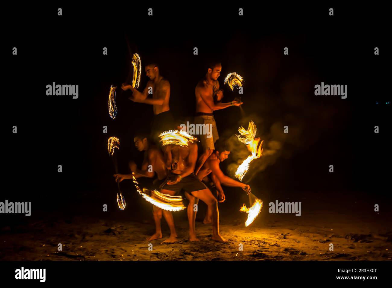 Ritual ceremony, fire dance, night shot, Viti Levu, Fiji, South Pacific ...