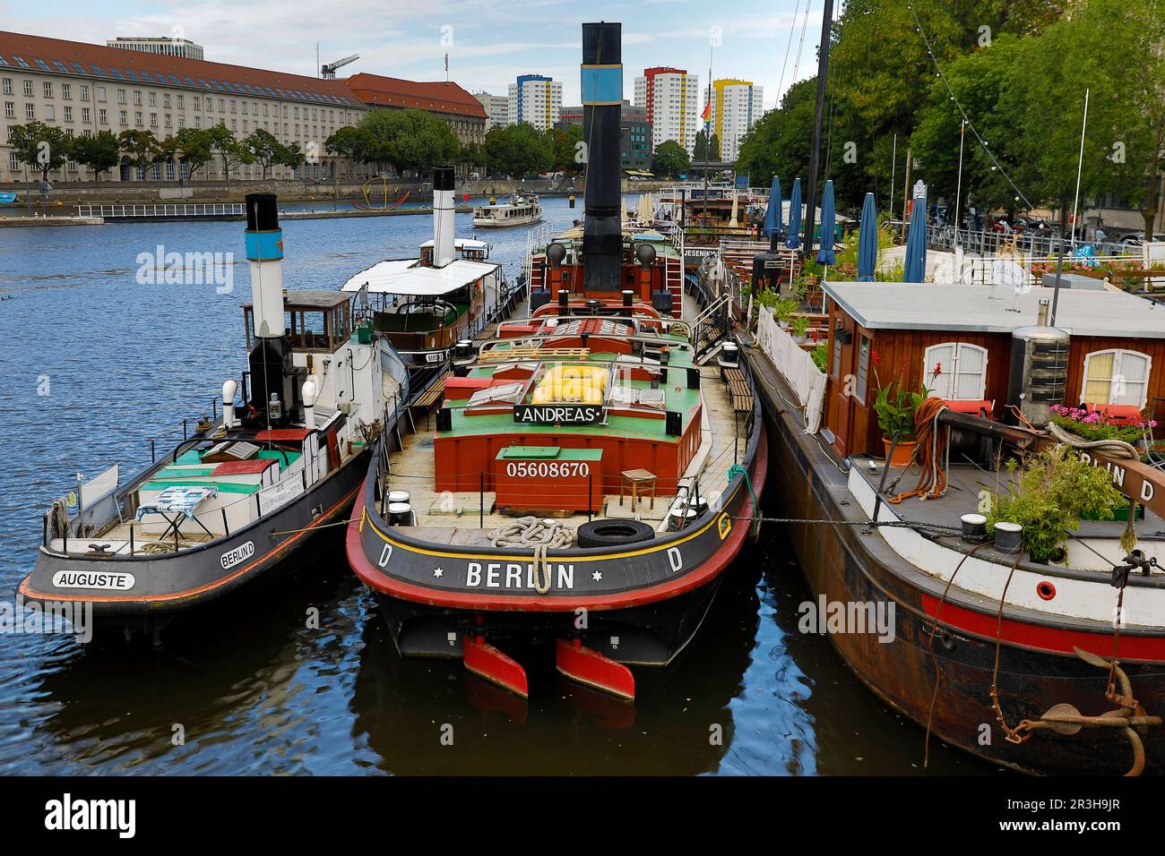 Historic harbor with museum ships on the river Spree, Maerkisches Ufer ...