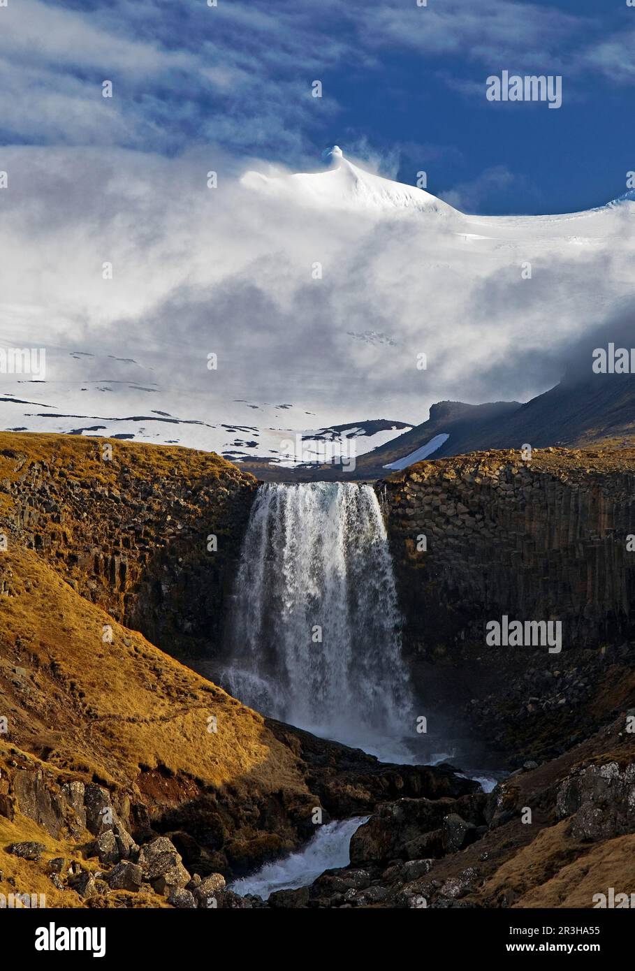 The Snaefellsjoekull with the Svoedufoss waterfall, Snaefellsjoekull ...