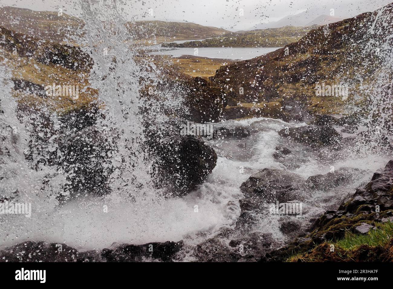 View from the waterfall Selvallafoss to the lake Selvallavatn ...