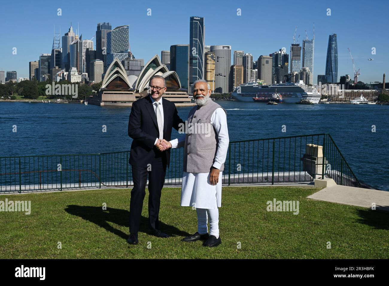India's Prime Minister Narendra Modi, right, and Australian Prime Minister Anthony Albanese pose ...