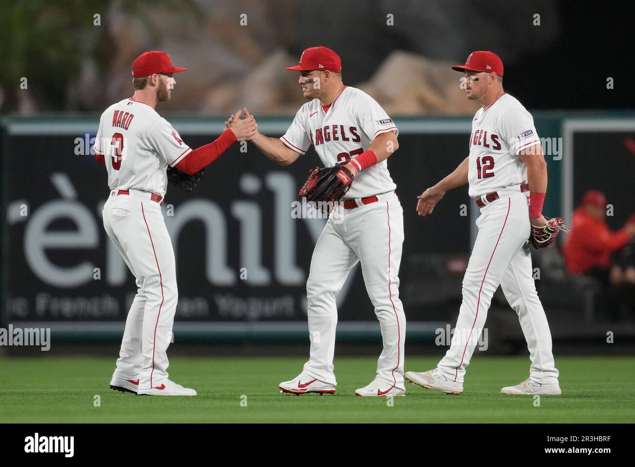 Los Angeles Angels left fielder Taylor Ward (3), center fielder Mike ... Los Angeles Angels left fielder Taylor Ward (3), center fielder Mike ...