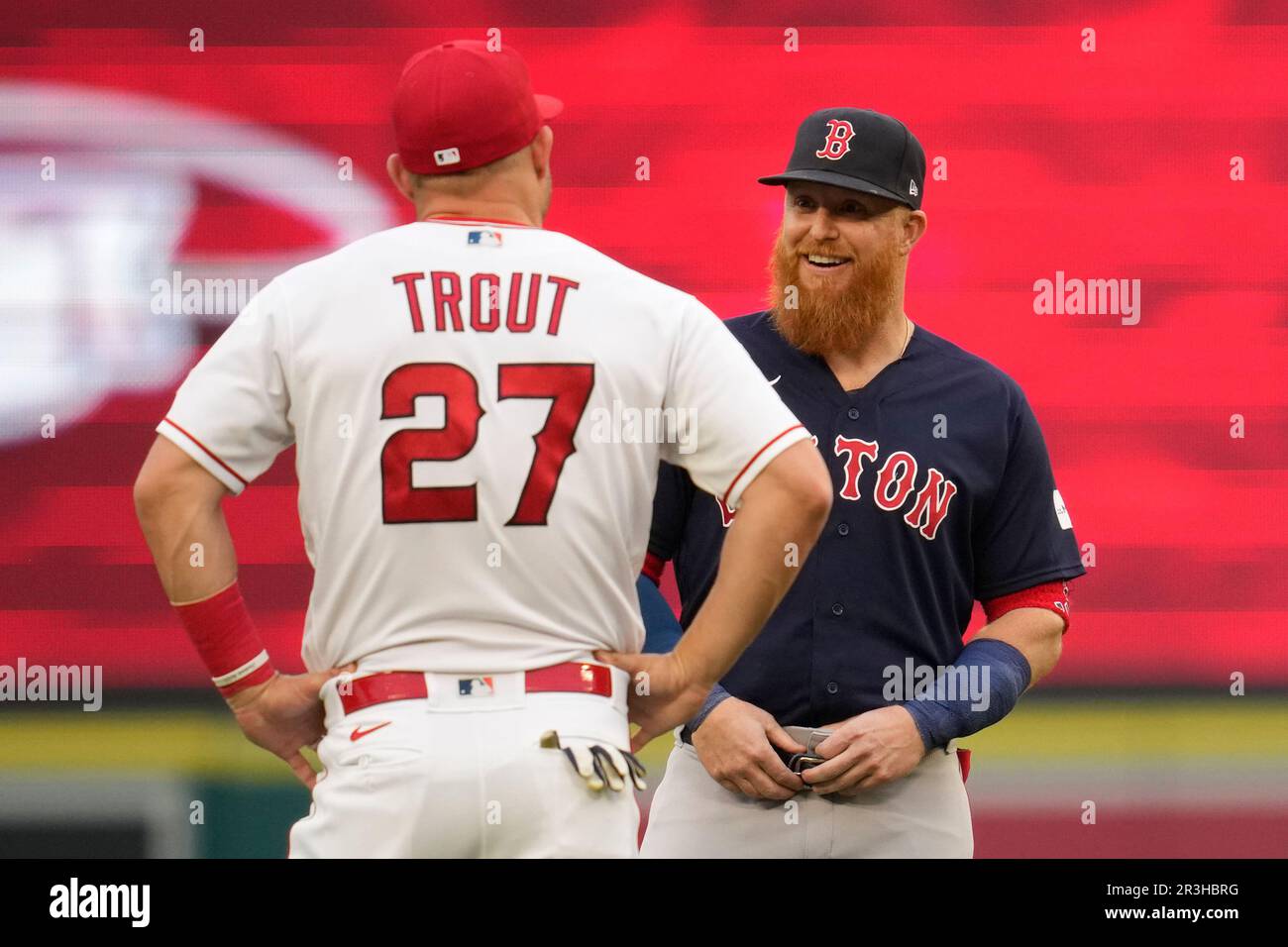 Los Angeles Angels center fielder Mike Trout (27) greets Boston Red Sox ...