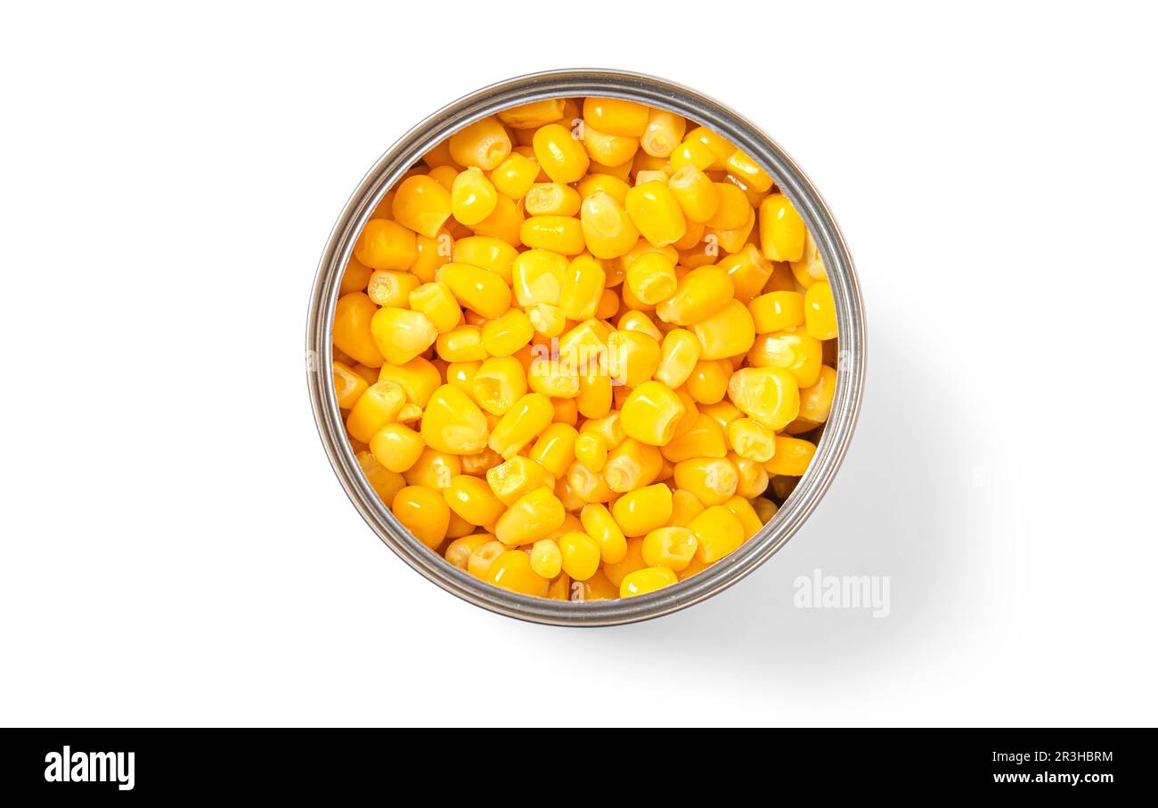 Sweet canned corn isolated on white background. Corn in a can top view ...