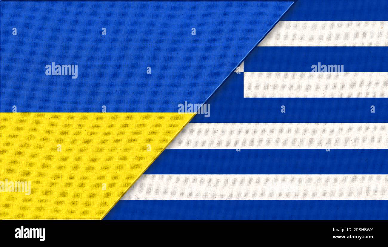 Flag of Ukraine and Greece- 3D illustration. Two Flag Together - Fabric ...