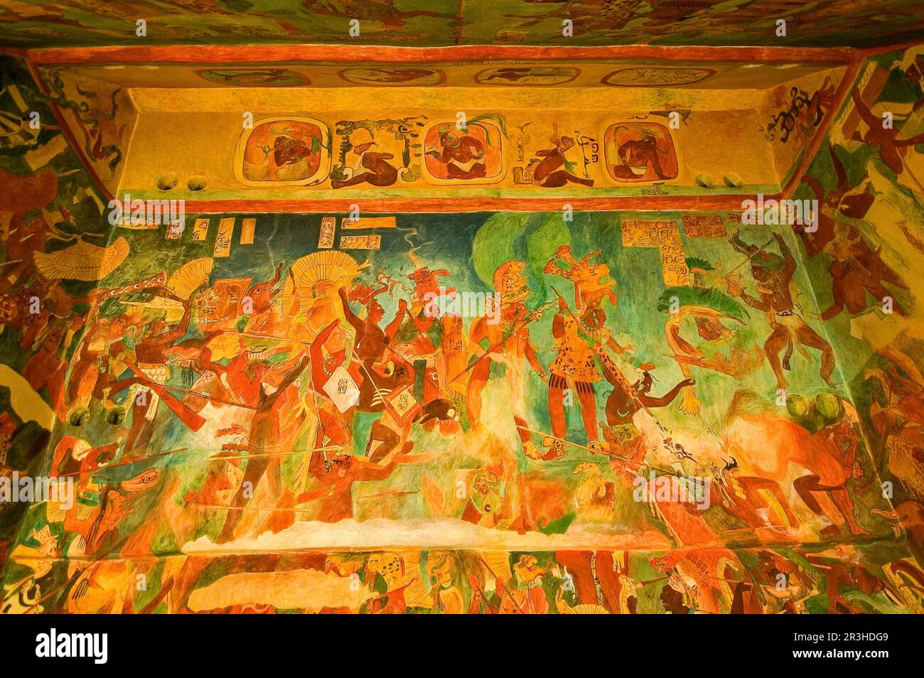Wall decorated with frescoes in room nº.2.Maya.Original mural painting by Bonampak. Museo ...